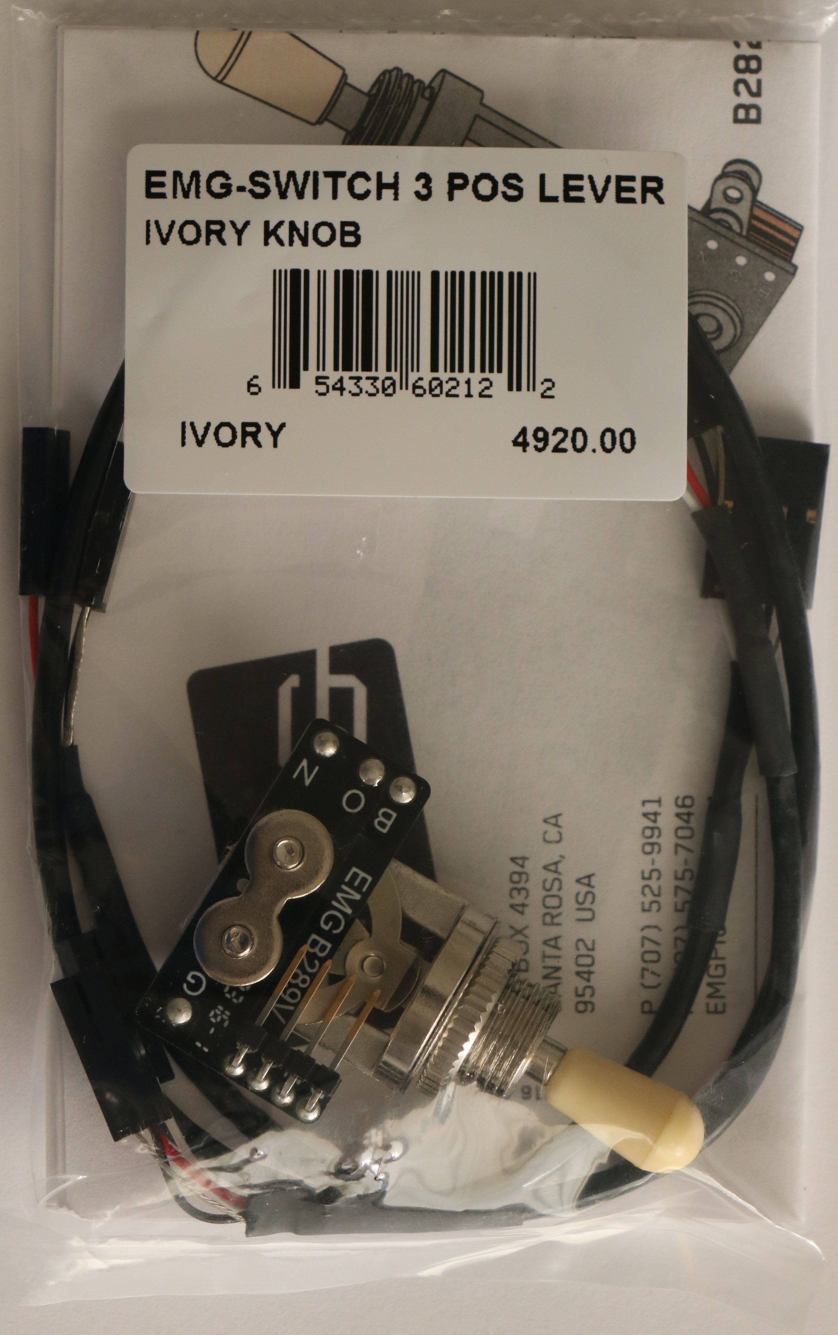 EMG Solderless Toggle Switch with Cables 3 Position Lever Ivory Knob B289